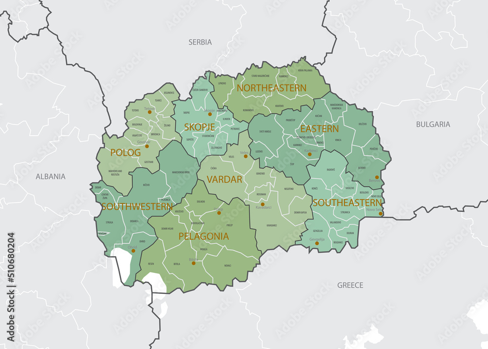 Detailed map of North Macedonia with administrative divisions into ...