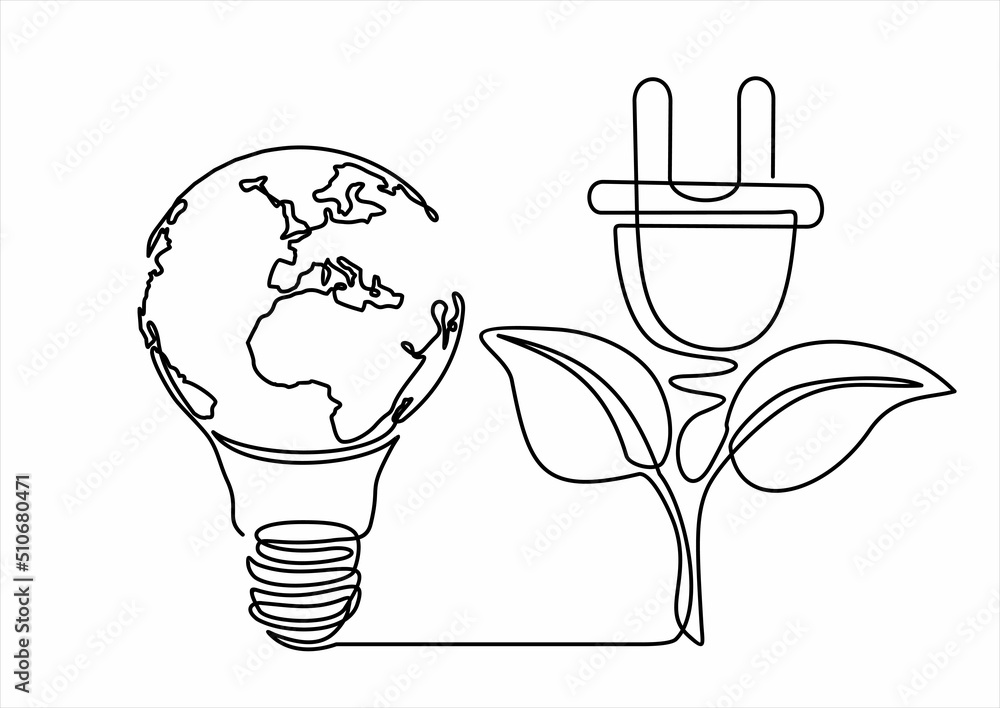 Earth globe inside lightbulb with power plug in one continuous line ...