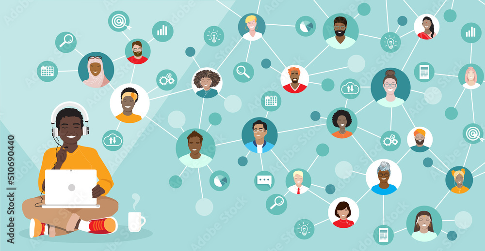 Corporate team working remotely online on project. Young man, diverse ...