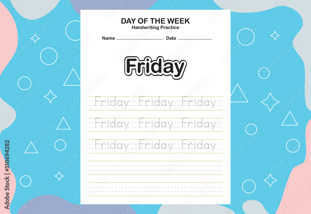 Day Name Of The Week Trace And Writing Practice Sheet Stock Vector 