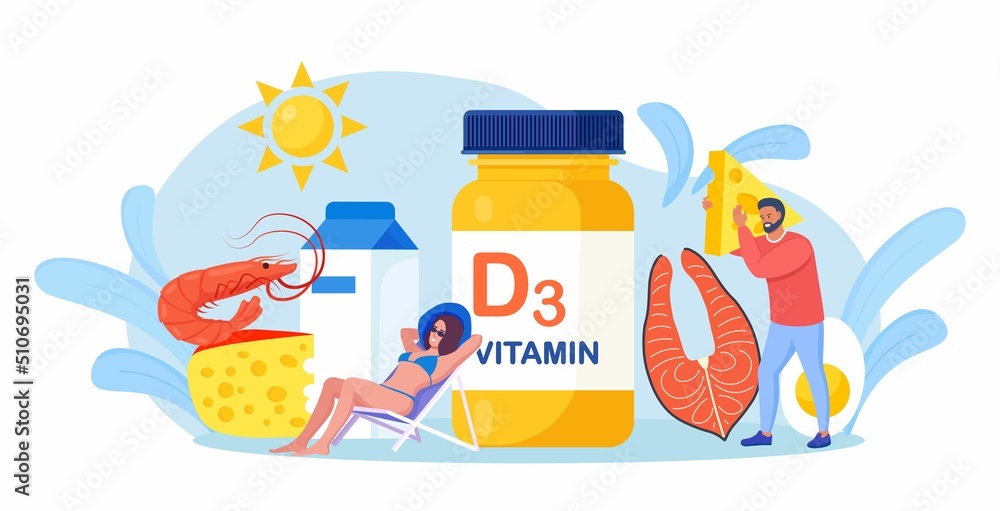 Vetor de Vitamin D. Tiny people with fish, bottle of vitamins, cheese ...