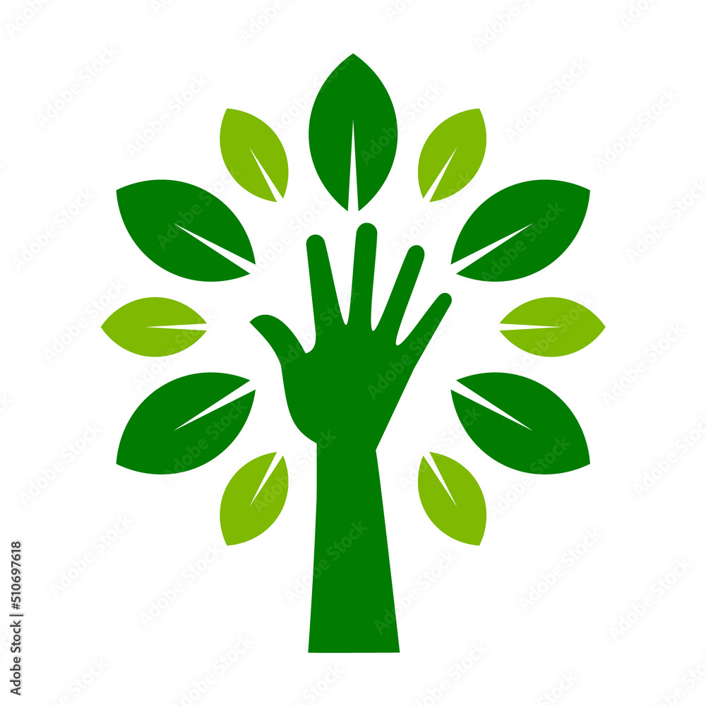 Green hand tree icon. Human arm with leaves. Green thumb idea. Organic ...