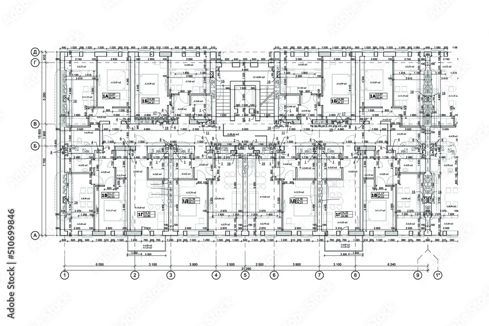 Apartment building detailed architectural technical drawing, vector ...