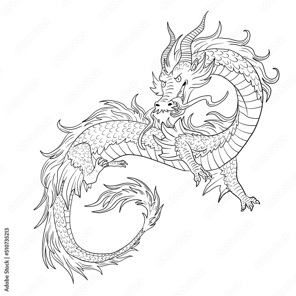 Black and white coloring page ink illustration of a dragon. Stock ... Black and white coloring page ink illustration of a dragon. Stock ...