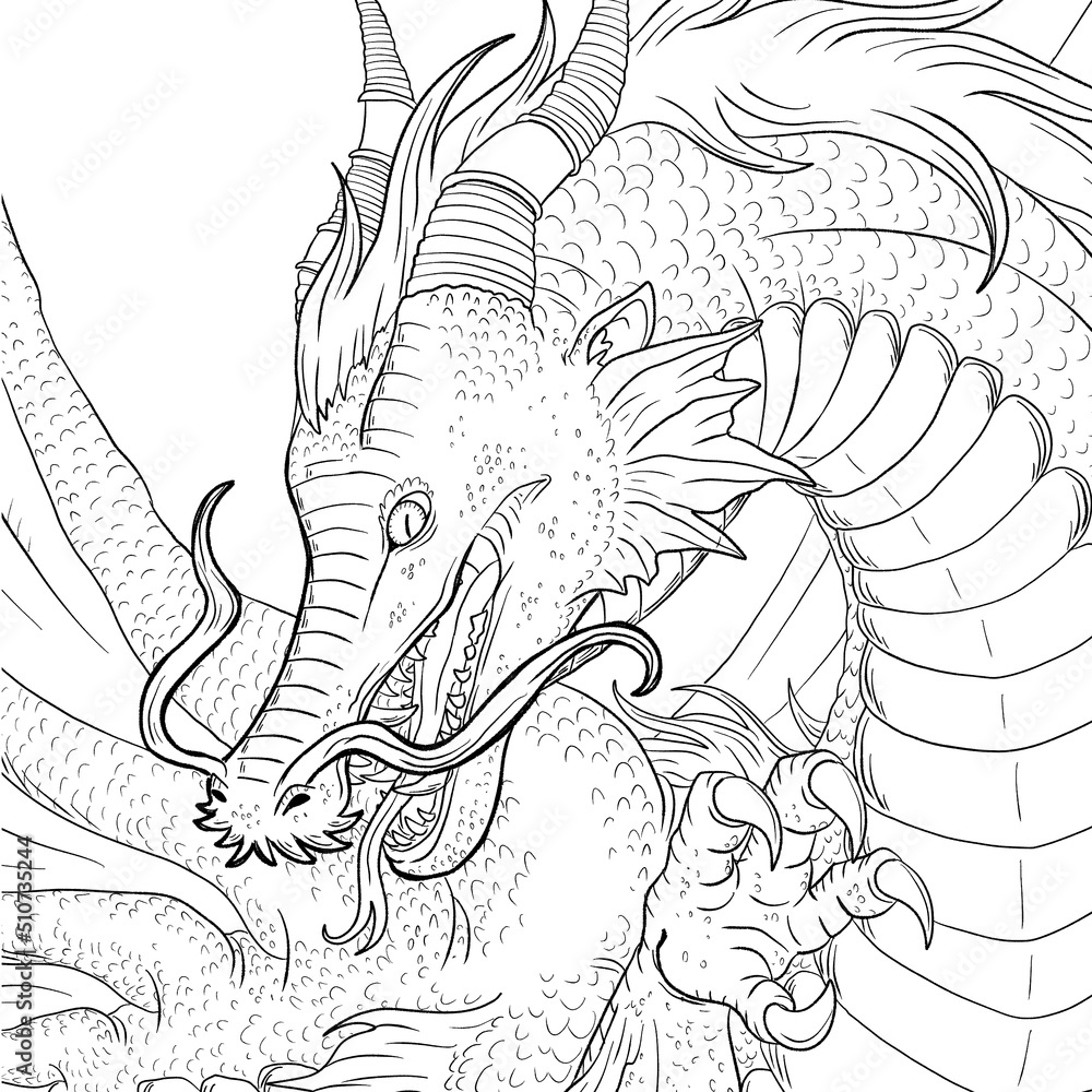 Black and white coloring page ink illustration of a dragon. Stock ...