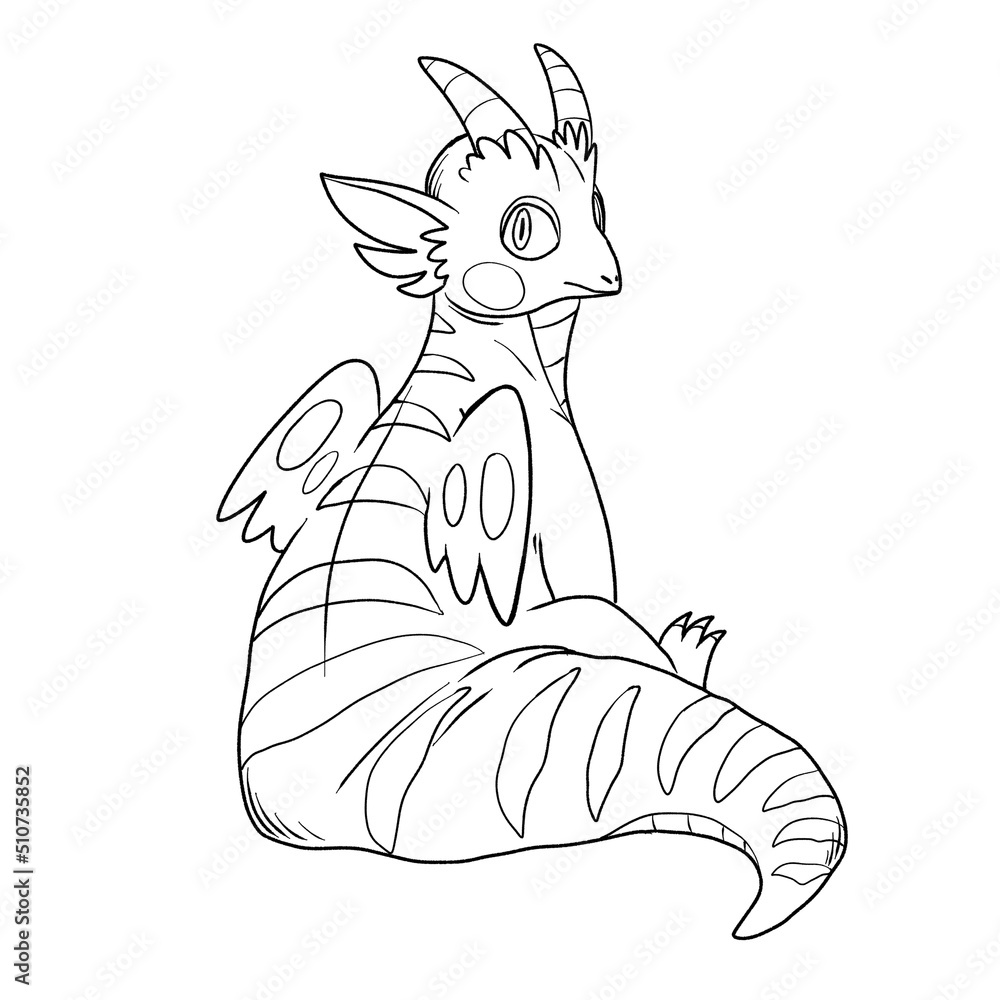 Black and white coloring page ink illustration of a dragon. Stock ...