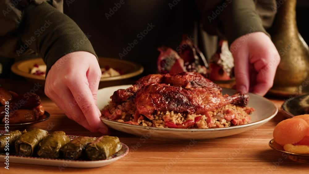 Kabsa close-up, rice and meat dish, saudi arabia national traditional ...