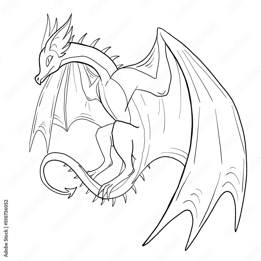 Black and white coloring page ink illustration of a dragon. Stock ...