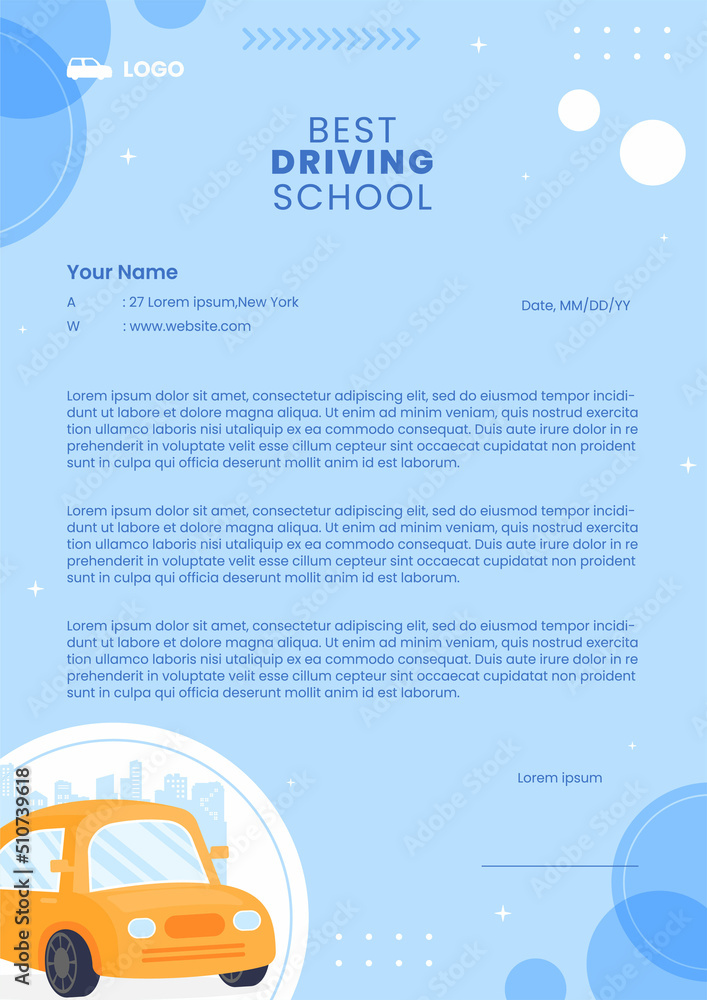 Car Driving School Letterhead Template Social Media Flat Cartoon ...