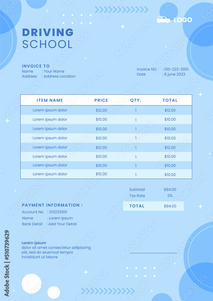 Car Driving School Invoice Template Social Media Flat Cartoon ...