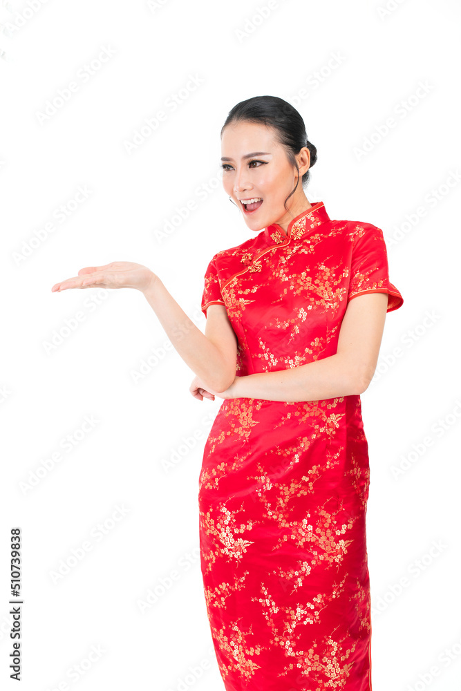 Portrait of a young asian Chinese female lady model wearing red ...