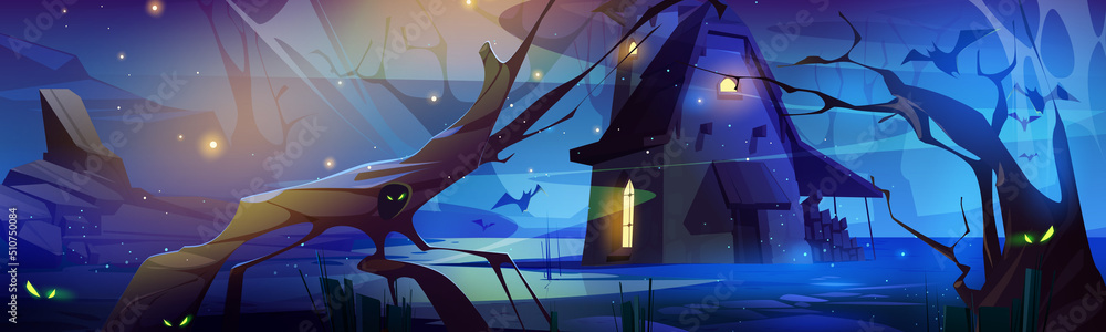 Scary dark forest at night. Halloween background with spooky woods ...