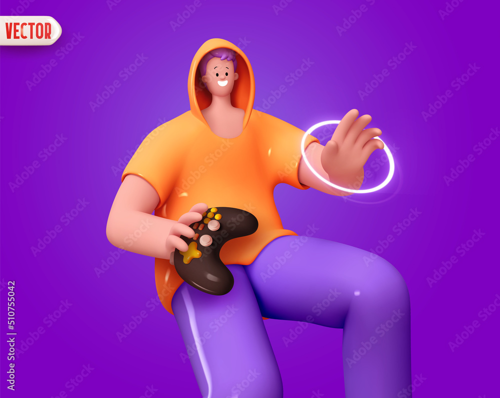 Man Gamer hands holding gaming console controller. Cartoon stylish ...