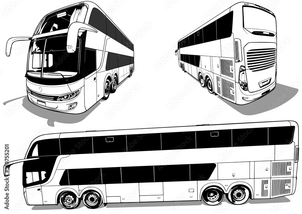 Set of Drawings of a Luxury Long-distance Bus from Three Views - Black ...