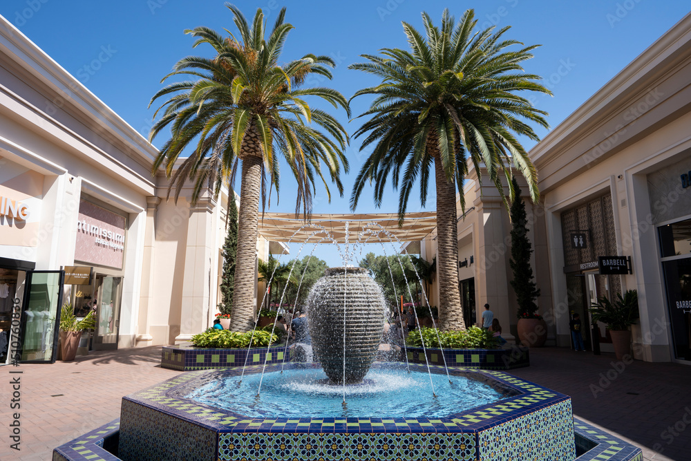 Irvine, CA, USA - May 7, 2022: Fountain at Irvine Spectrum Center, a ...