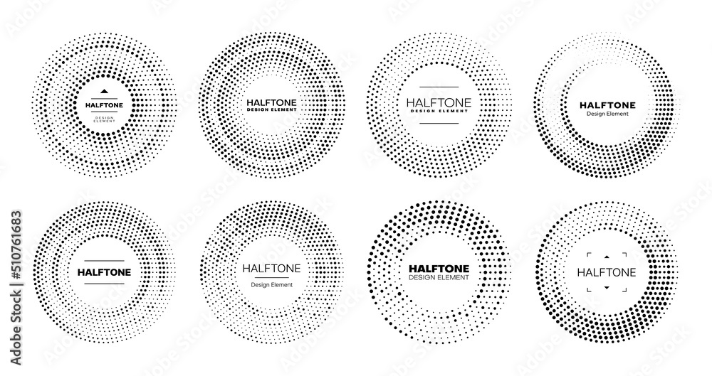 Halftone circle pattern borders and frames, vector round background ...