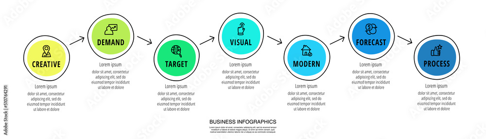 Modern hand-drawn vector infographics with 7 circles and arrows ...