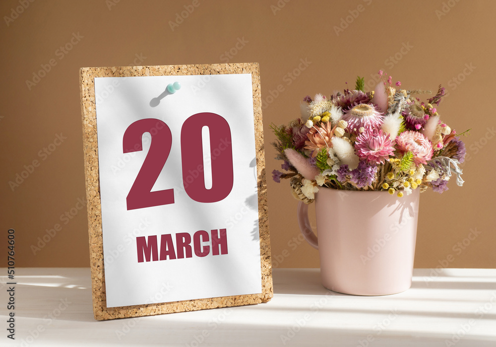 march 20. 20th day of month, calendar date.Bouquet of dead wood in pink ...