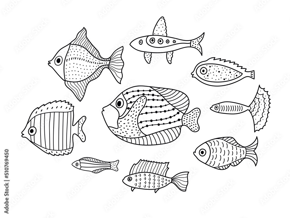 Fish. Coloring. Set. Cute line illustration. Stock Vector | Adobe Stock