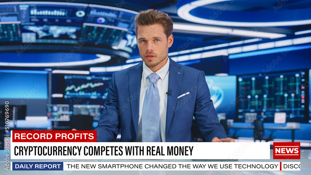 TV Live News Program: Charismatic White Male Presenter Reporting ...
