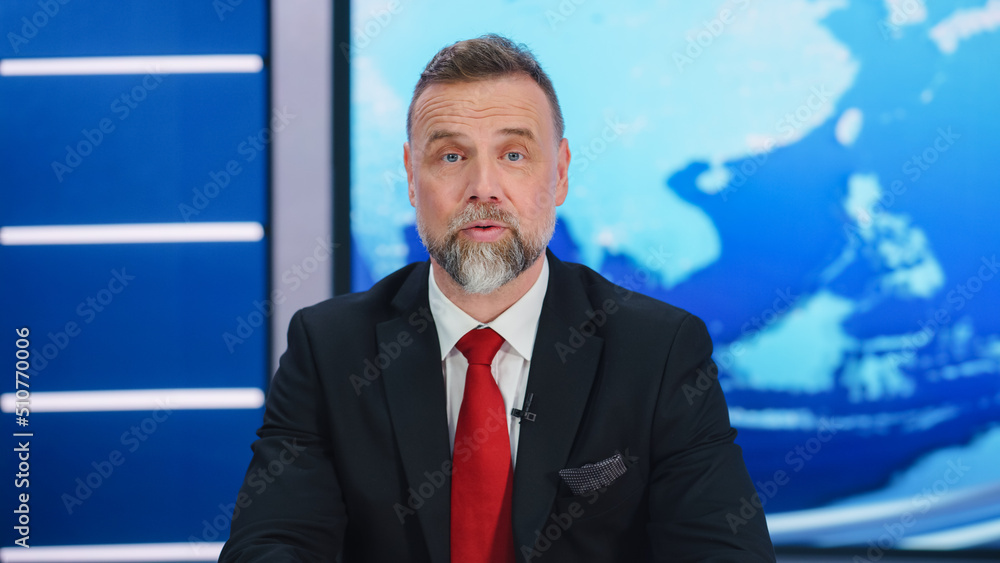 TV Live News Program: Presenter Reporting On the Events of the Day ...