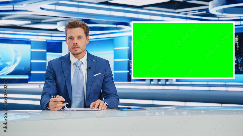 Newsroom TV Studio Live News Program: Caucasian Male Presenter ...