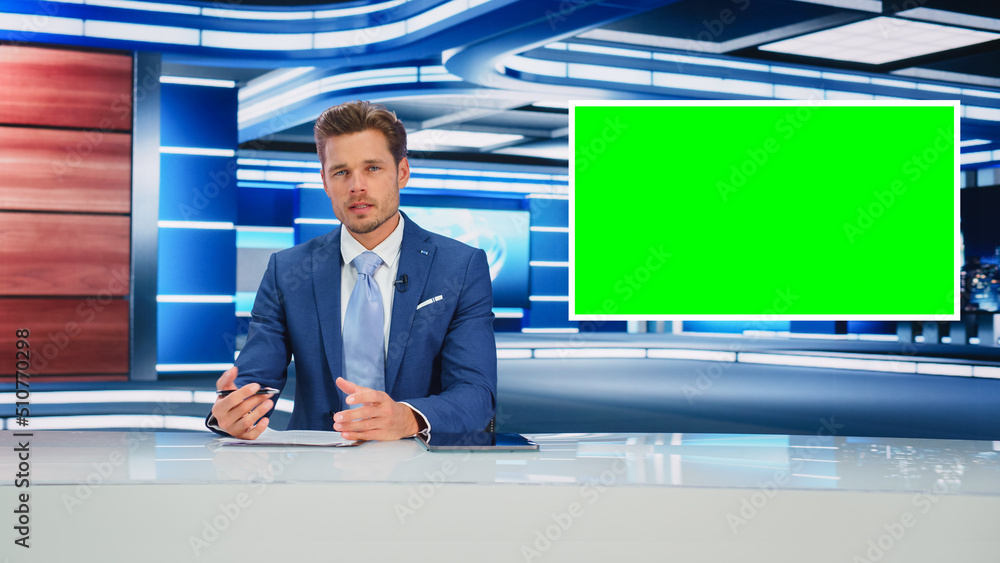 Newsroom TV Studio Live News Program: Caucasian Male Presenter ...