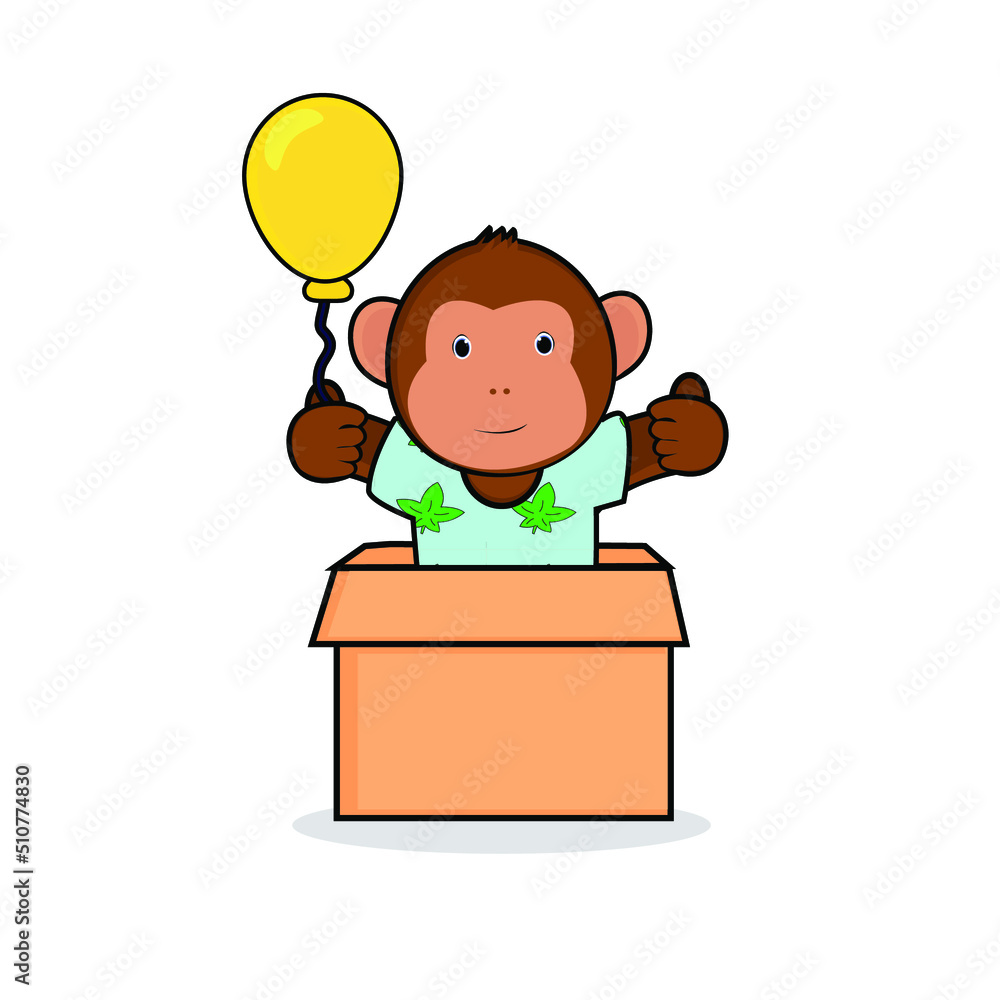 Cute monkey inside box cartoon mascot illustration. design of animal ...