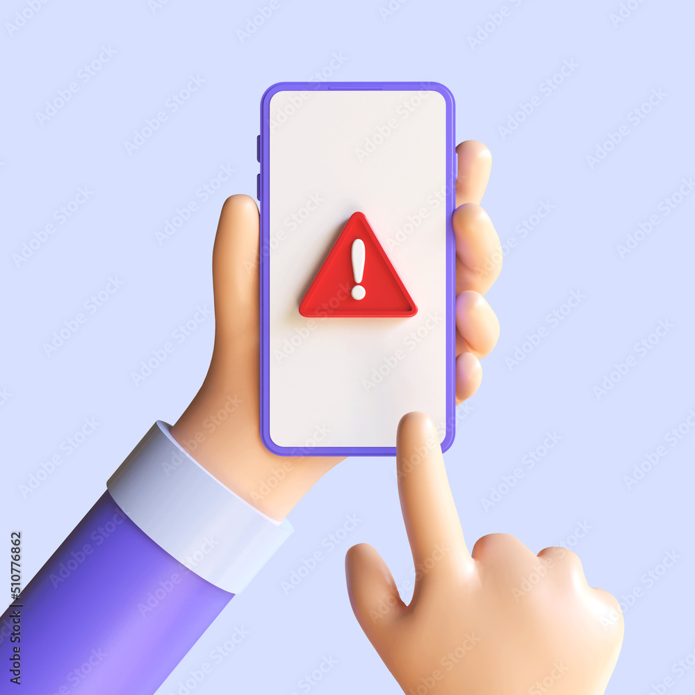 Hand holding phone with attention alert sign, red hazard with ...