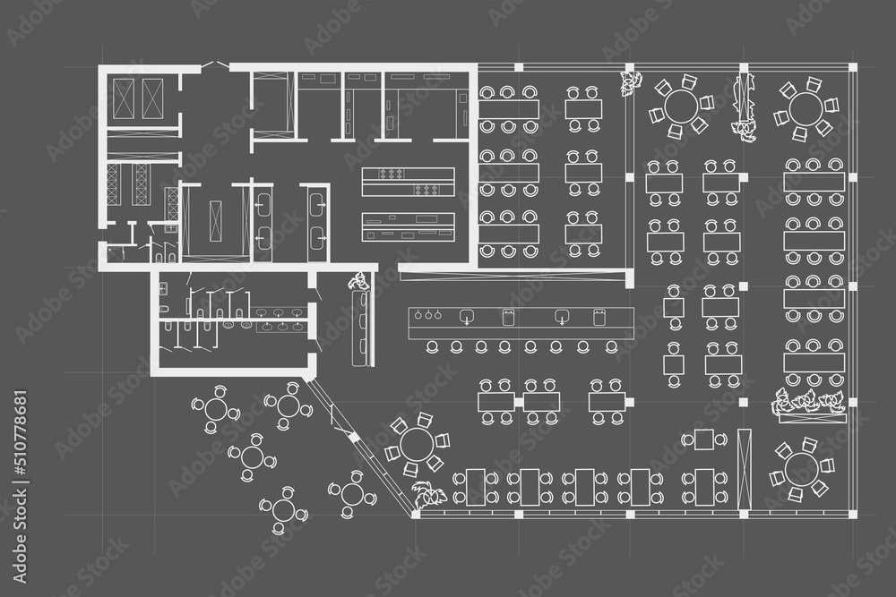 Linear technical sketch restaurant with bar and kitchen zone plan on ...