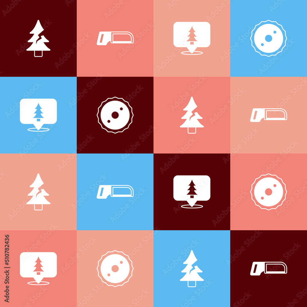 Set pop art Tree, Hacksaw, Location of the forest and Circular blade ...