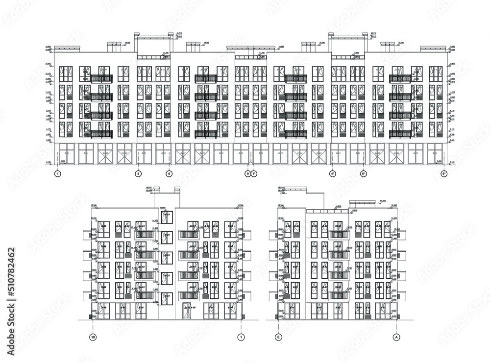 Multistory building detailed architectural technical facade drawing ...