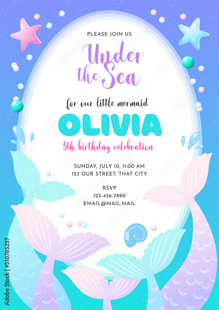 Birthday party invitation template. Cute illustration of mermaid tails ...