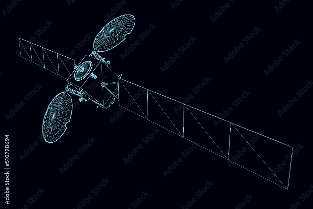 Space satellite wireframe from blue lines isolated on dark background ...