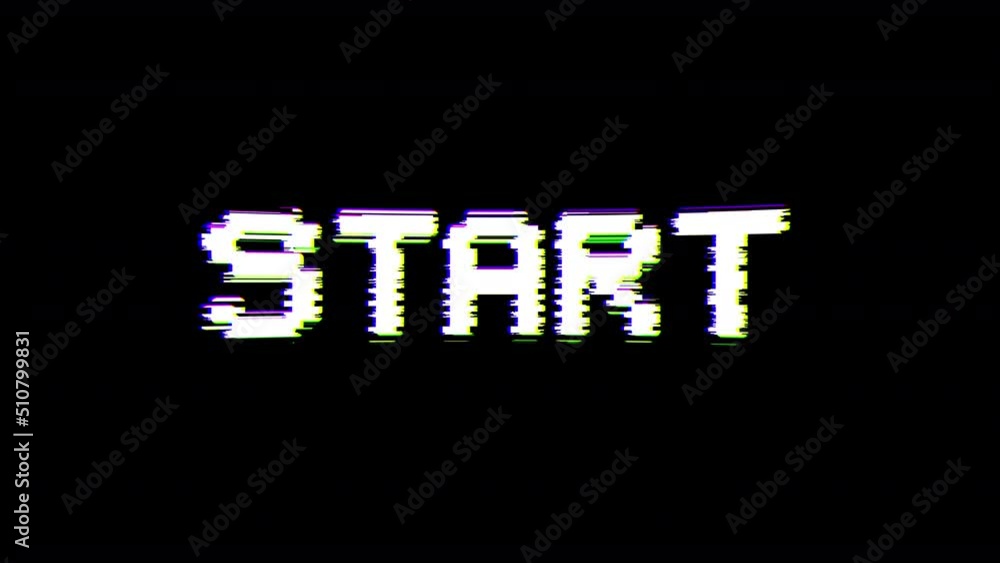 Start. 8-bit pixel text animation with dynamic glitch distortion effect ...