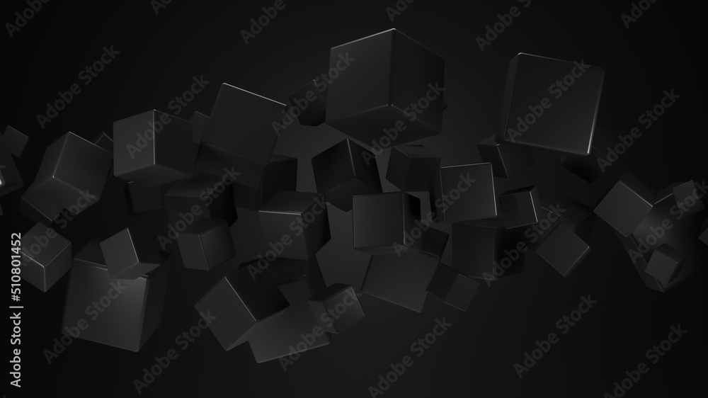 3D render of scattered black cubes levitating on black background Stock ...
