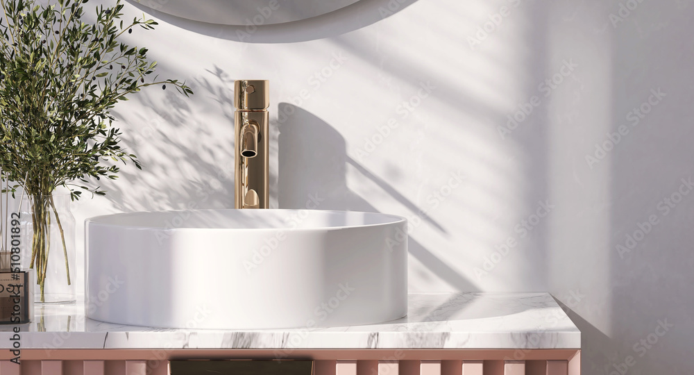 Realistic 3D render, modern round white ceramic wash basin with shinny ...