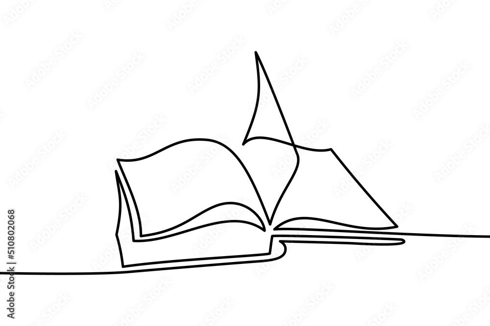 Open book in continuous line art drawing style. Education and knowledge ...