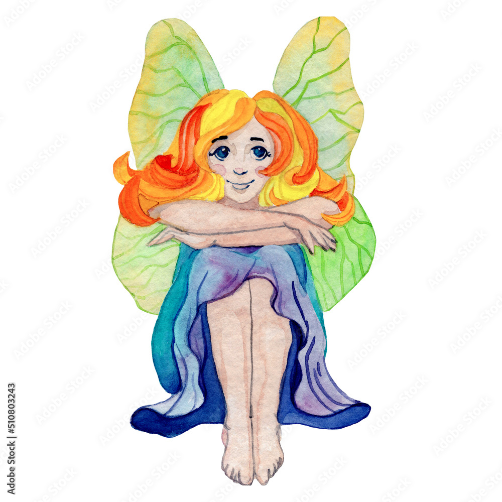 Watercolor illustration of fairy with butterfly wings. Little faerie ...