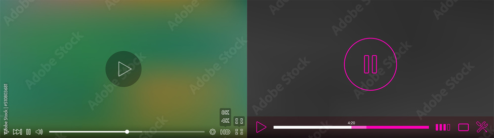 Video Player Window with Menu and Buttons Panel Vector Set. User ...