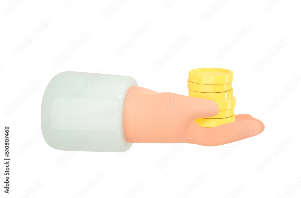 Hand and money emoji. 3d render hand hold coin icon. Business, capital ...