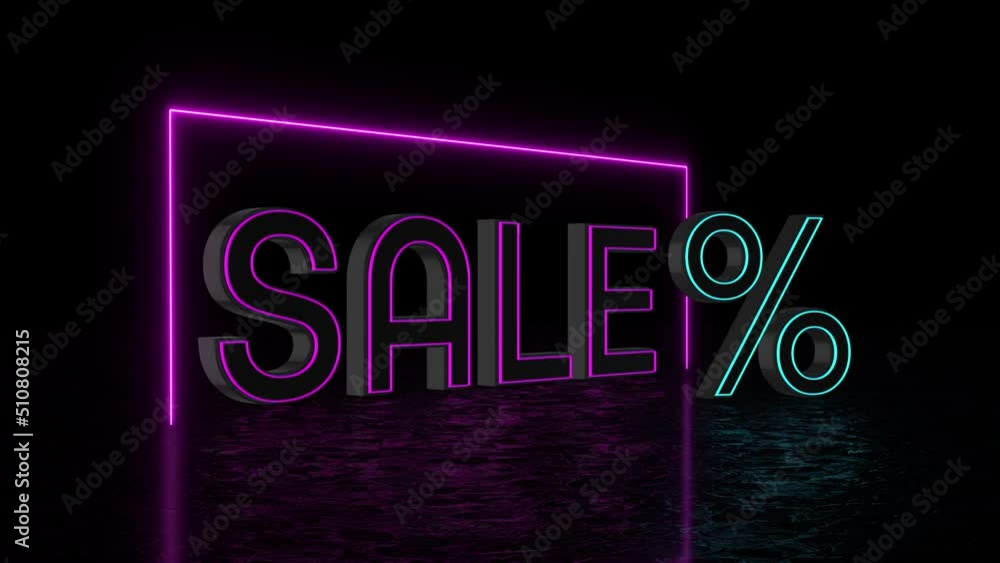 4k animation, neon lights 3d sale text and percentage sign on dark ...