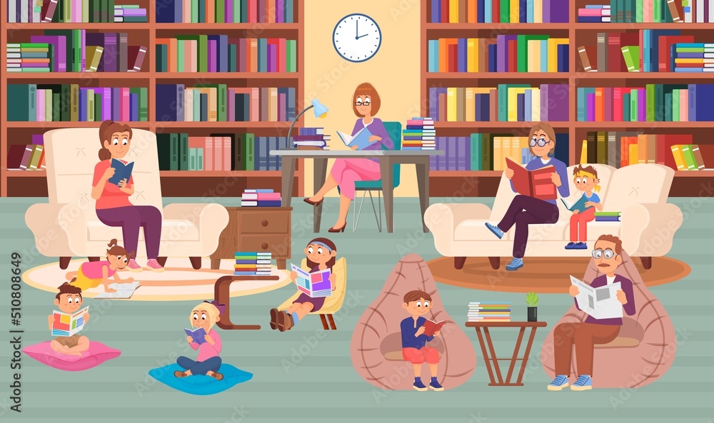 Kids in library. Cartoon boy and girl reading books. Bookshelf in ...