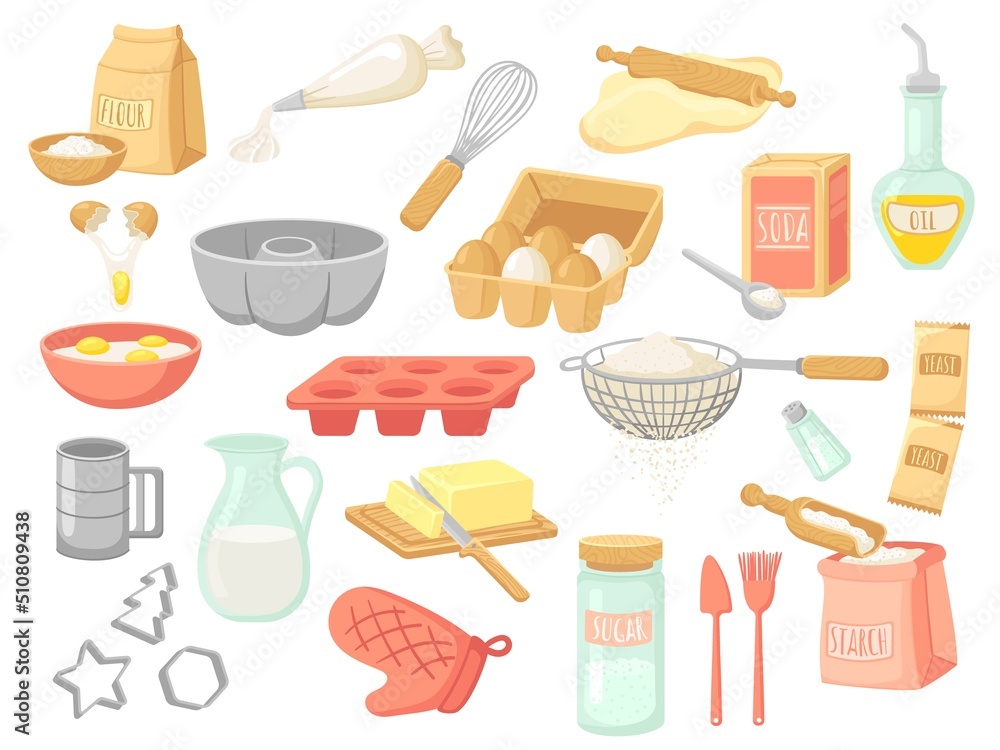 Cartoon baking ingredients. Bake products, yeast and oil, eggs and ...