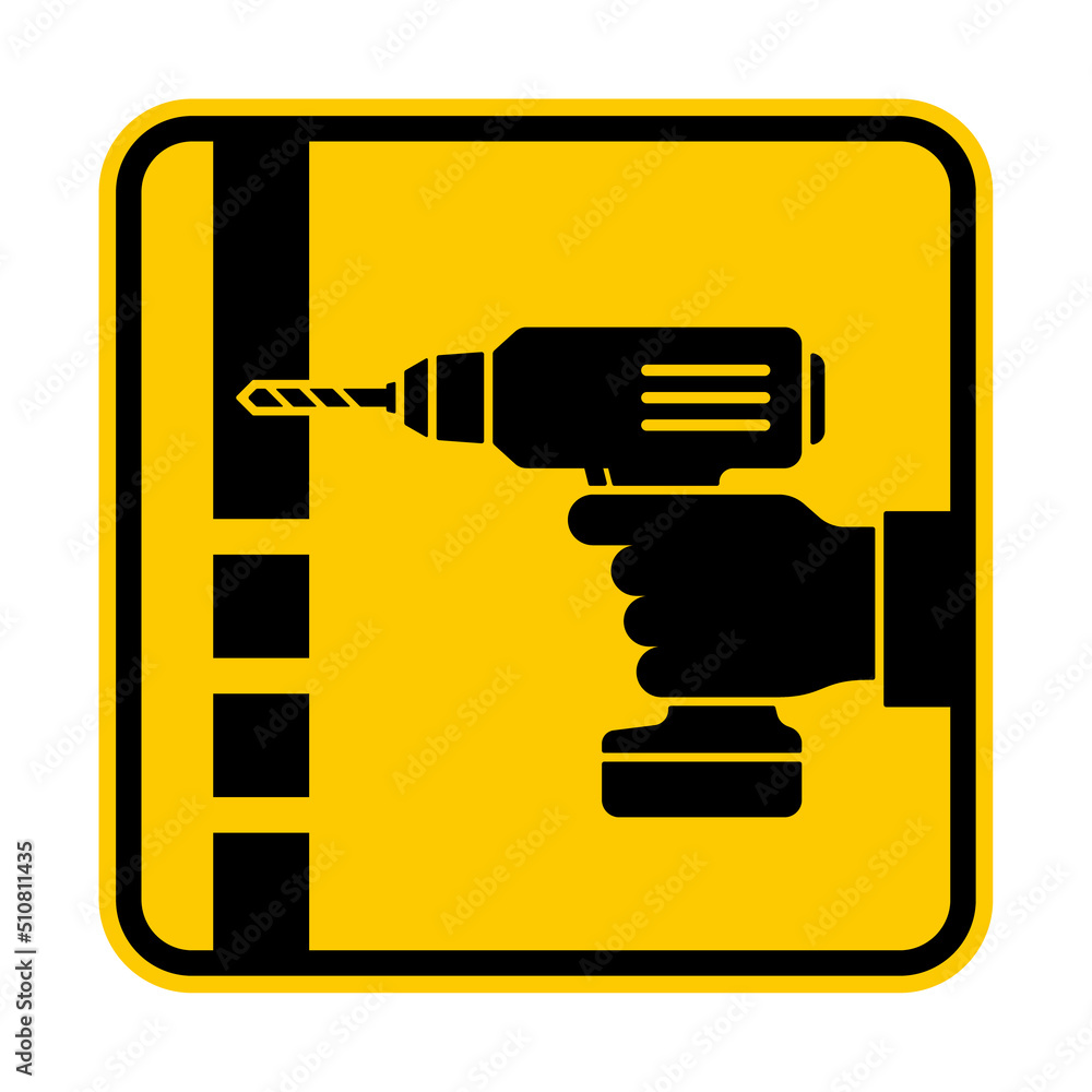 Vector yellow icon of a hand holding a drill drilling a hole. Isolated ...