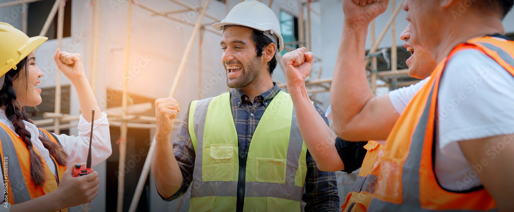 Group of professional civil engineers happy with success project ...