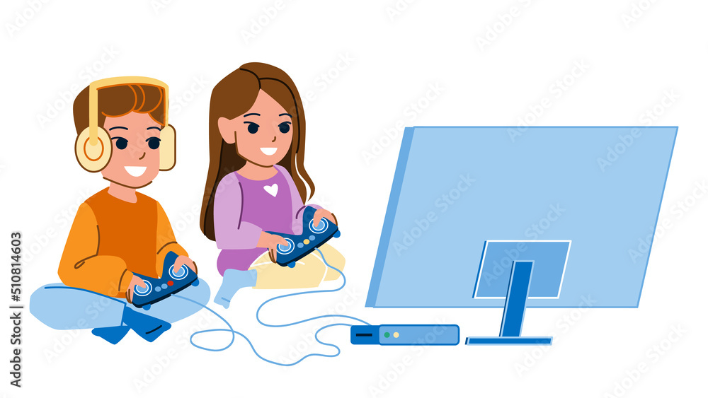 children play video game vector. kid boy girl, home family console ...