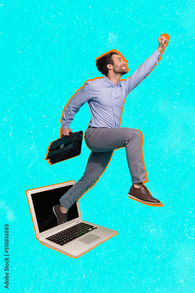 Vertical composite collage picture of excited person jumping through ...