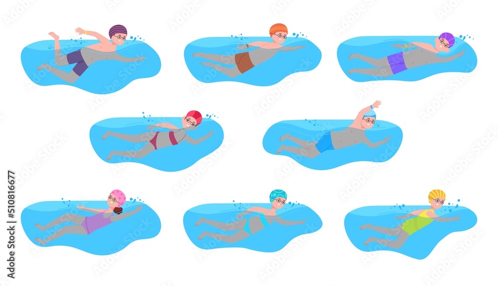 Child swimmers. Cartoon swimmer kid competition, swimming splashing ...