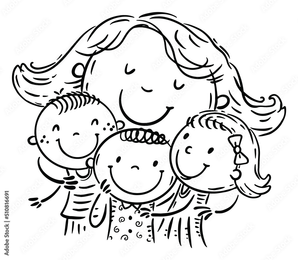 Outline family clipart - mother hugs children Stock Vector | Adobe Stock